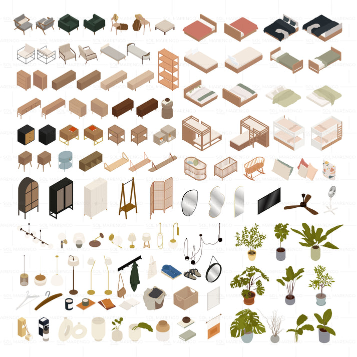Megapack de mobiliario en ISOMÉTRICO | CAD, Vector & PNG – Sol Marengo