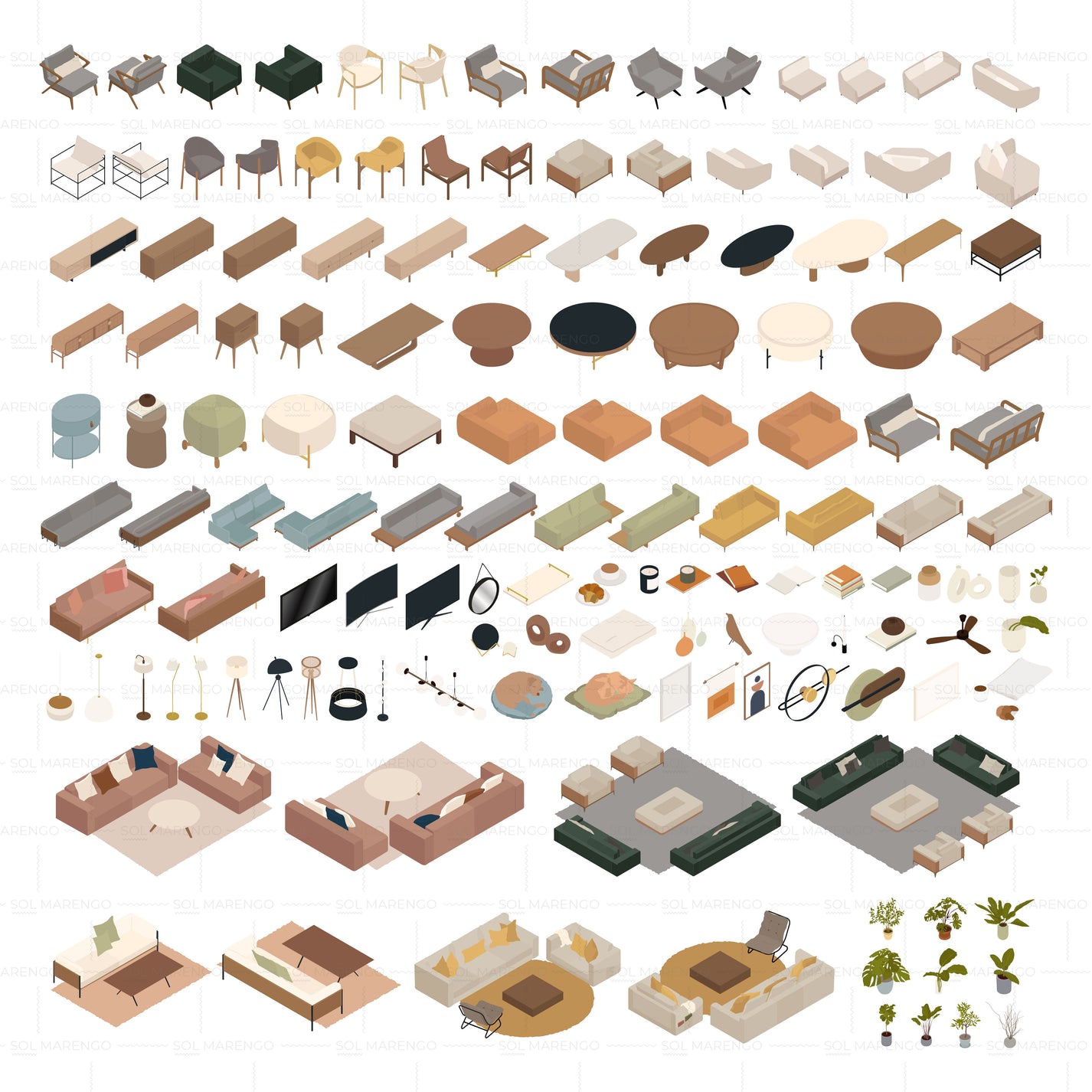 Megapack de mobiliario en ISOMÉTRICO | CAD, Vector & PNG – Sol Marengo